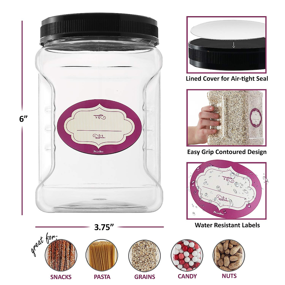 DilaBee Clear Plastic Storage Jars with Lids - 3 Pack - Half Gallon Square Containers for Candy, Cookie, Paint, Laundry Pods & More - Canisters with Pinch Grip Handles - BPA-Free - 64 Oz