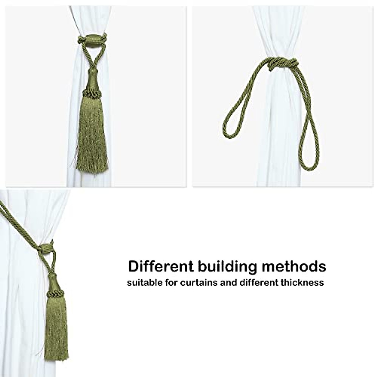 MALANOV 2 Pack Curtain Tiebacks Handmade Elegant Curtain Tie Backs Holdbacks with Tassel, Polyester Curtain Tieback for Home Office Hotel Decor - Green