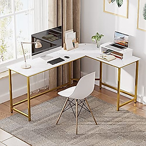 Weehom L Shaped Computer Desk with Monitor Stand, Reversible Corner Desk for Home Office, Modern PC Workstation Study Writing Table(White and Gold)