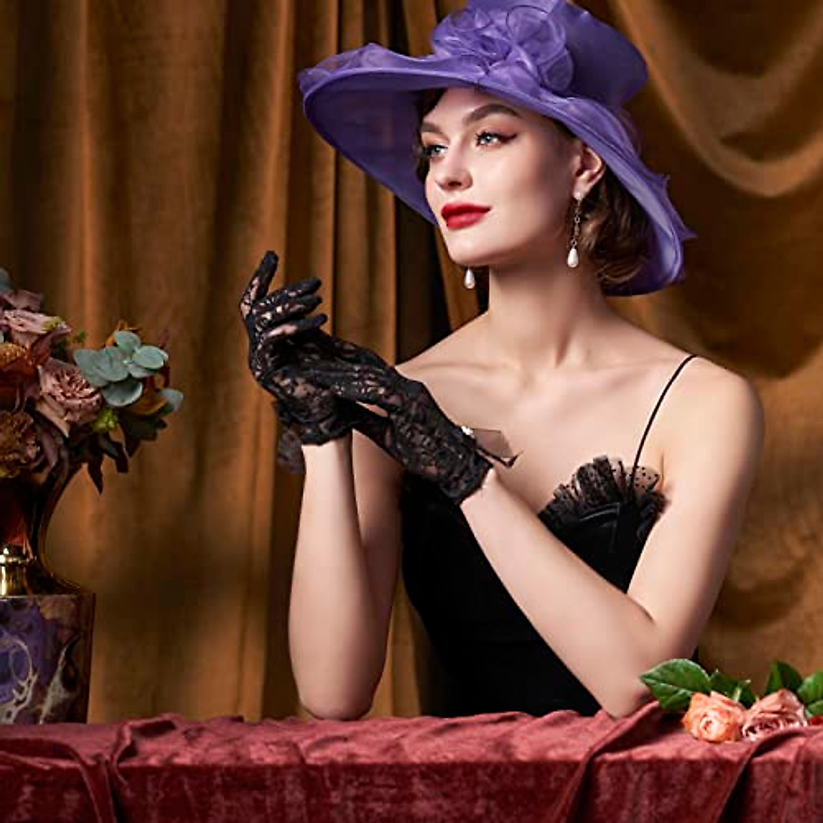 BABEYOND Floral Lace Gloves 1920s Flapper for Wedding Opera Party Lace Gloves Stretchy Adult Size