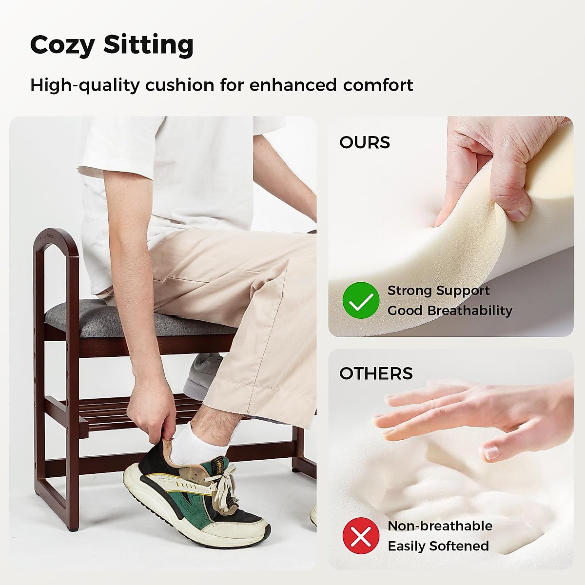 StrongTek Elderly-Friendly Bamboo Shoe Bench with Armrests, Lightweight with 220 lbs Capacity, Entryway Bench with Soft Cushion, Small Shoe Rack for Up to 4 Pairs of Shoes, Suitable for All Ages