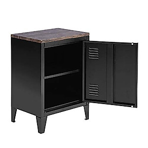 FurnitureR Metal Locker Storage Nightstand for Boy Teens Bedroom with Wood Top/Door 2 Tier Shelves Removable