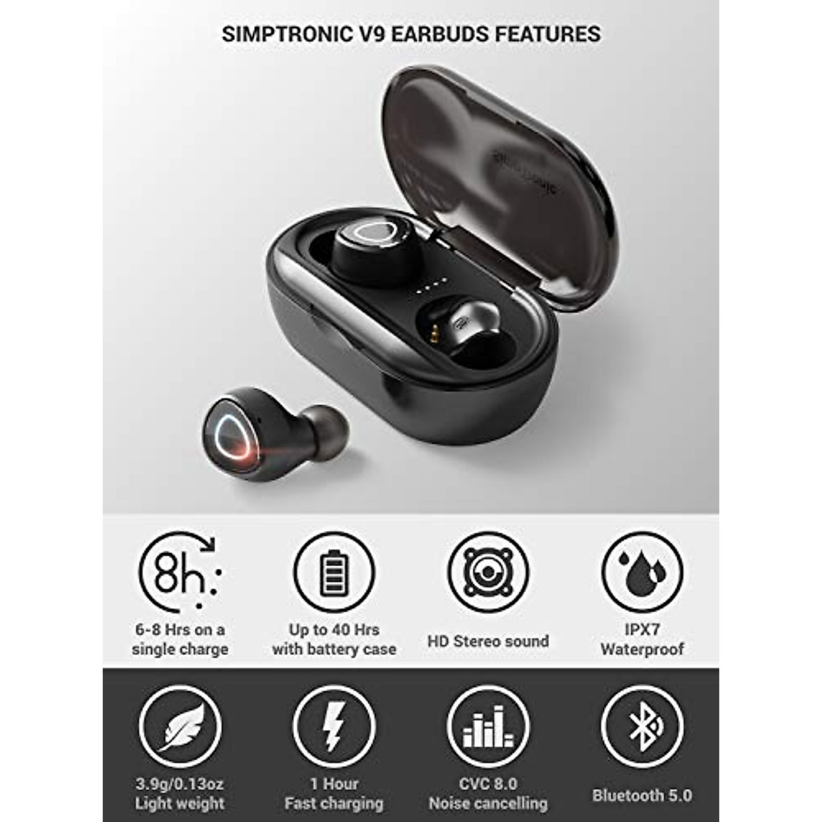 True Wireless Earbuds Bluetooth 5.0 Headphones in-Ear TWS Mini Headset for Sport Extra Bass Stereo Earphones HD Sound IPX7 Waterproof Noise Cancelling Mic 46-48 Hours Playtime Black