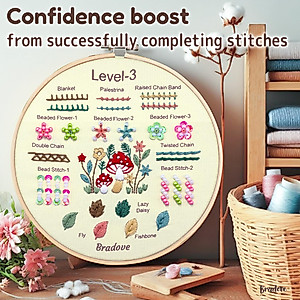 Bradove Beginner Embroidery Kit for Adults Kids, Learn to Embroider 37 Stitches and 13 Cute Patterns, Stitches Kit, Bead Embroidery Kit, Beginner Embroidery Practice