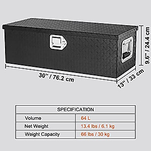 VEVOR Heavy Duty Aluminum Truck Bed Tool Box, Diamond Plate Tool Box with Side Handle and Lock Keys, Storage Tool Box Chest Box Organizer for Pickup, Truck Bed, RV, Trailer, 30"x13"x9.6", Black