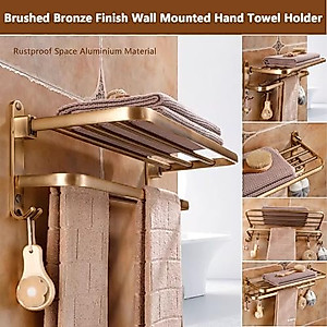 Bathroom Towel Rack Wall Mounted Towel Holder Bar Foldable Towel Shelf with Movable Towel Hooks Rustproof Aluminium Bath Kitchen Towel Holder Brushed Bronze Finish Towel Hanger Hardware Accessories (