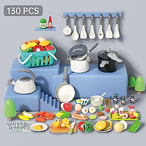 Funpynani 130Pcs Kitchen Playset, Toddler Pretend Cooking Play Pots, Pans, Utensils Cookware, Daily Food Fruit Veges, Shopping Storage Basket, Dessert, Prop Money, Learning Gift for Child （White）