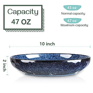 vicrays Large Salad Pasta Serving Bowls Ceramic Wide Shallow Bowls Set 47 Ounces Big Dinner Plates Bowls Porcelain 10 Inch Low Flat Design Blue Soup Bowl Microwave Dishwasher Safe