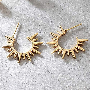 MYEARS Women Sun Earrings Gold Open Spike Hoop C Shape 14K Gold Filled Small Simple Handmade Hypoallergenic Everyday Illusion Jewelry