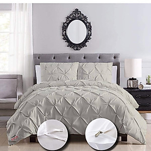 eBeddy Linens Premium Pinch Pleated Duvet Cover Set 800-TC King/Cal-King Size 104x90 Inch Pure Egyptian Cotton Soft 3 Pieces Set Zipper Closure & Corner Ties, Pintuck Silver Grey