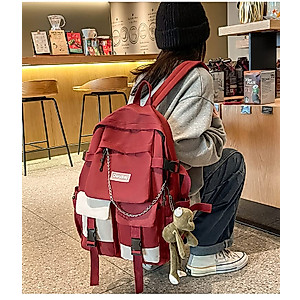 HOKMAH Kawaii Backpack with Kawaii Pin and Accessories, Cute Backpack for Girls Boys Preppy Staff Back Top School Supplies Gifts (Red)