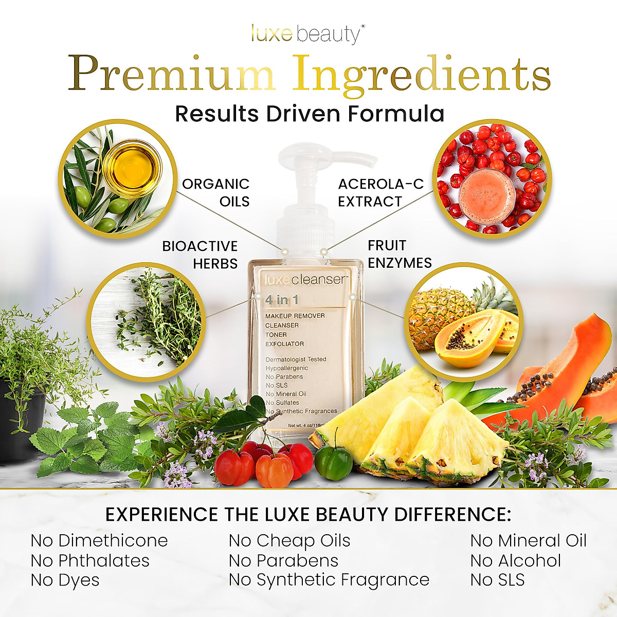 Luxe Cleanser All-in-One Hypoallergenic Face Cleanser + Natural Makeup Remover Face Wash + Exfoliator for All Skin Types – No Parabens, No Silicones – W/ Organic Botanicals: Thyme, Pineapple & Papaya