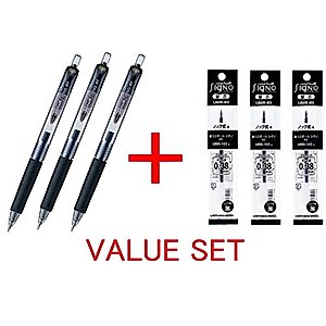 Uni-ball Signo RT Rubber Grip & Click Retractable Ultra Micro Point Gel Pens -0.38mm- Black Ink-3 Pens & 3 Pens Refills - Value Set