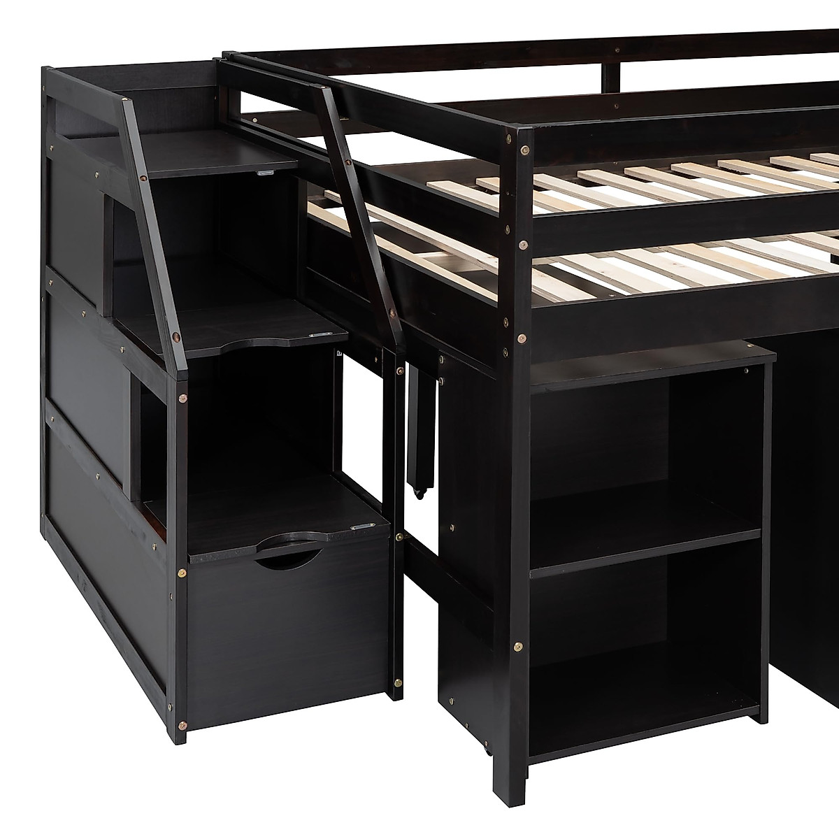 Versatile Wooden Full Size Low Loft Bed with Retractable Writing Desk and 3 Drawers, Storage Stairs and Shelves,for Kids Boys Girls Teens Adults Bedroom (Espresso@Writing Desk, Full)