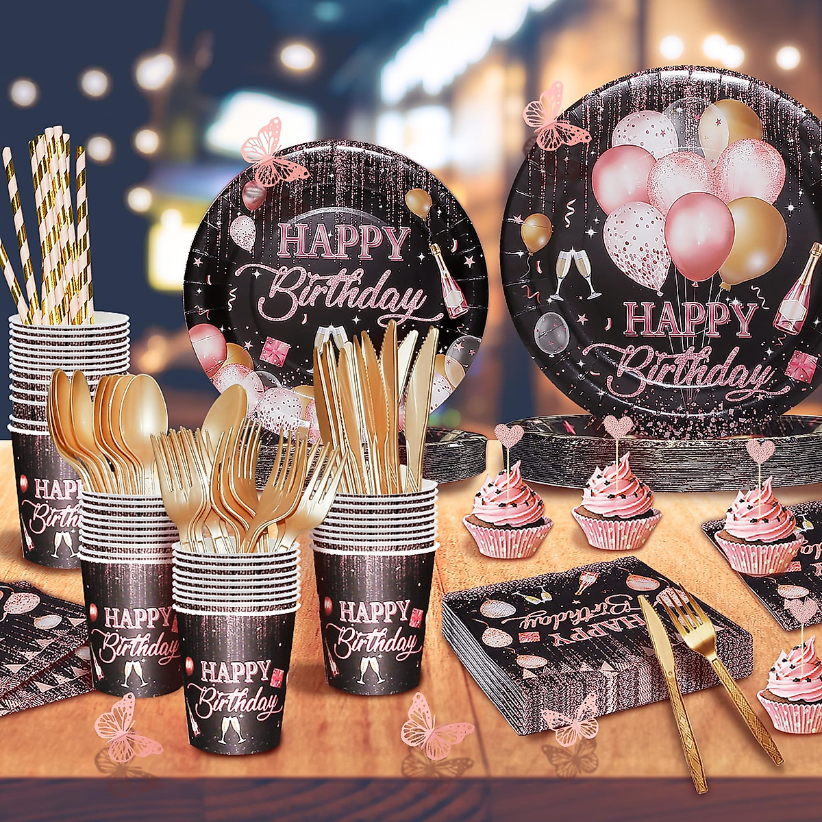 210PCS Birthday Decorations For Women ,Rose Gold and Black Party Decorations Kit,Happy Birthday Supplies Set - Tableware Pack, Balloon Pump, Banner, Fringe Curtain, Latex Balloons For 12 Guest