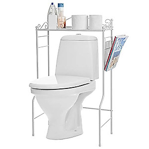 MyGift White Metal Bathroom Over The Toilet Shelf with Magazine Basket, Space Saver Freestanding Storage Organizer Rack