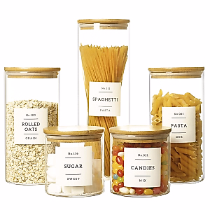 5 Pcs Glass Food Storage Containers With 132 Pantry Labels Preprinted - Thicken(3mm) Jars Airtight Bamboo Lid Stackable Kitchen Canisters Set For Candy, Cookie, Rice, Sugar, Flour