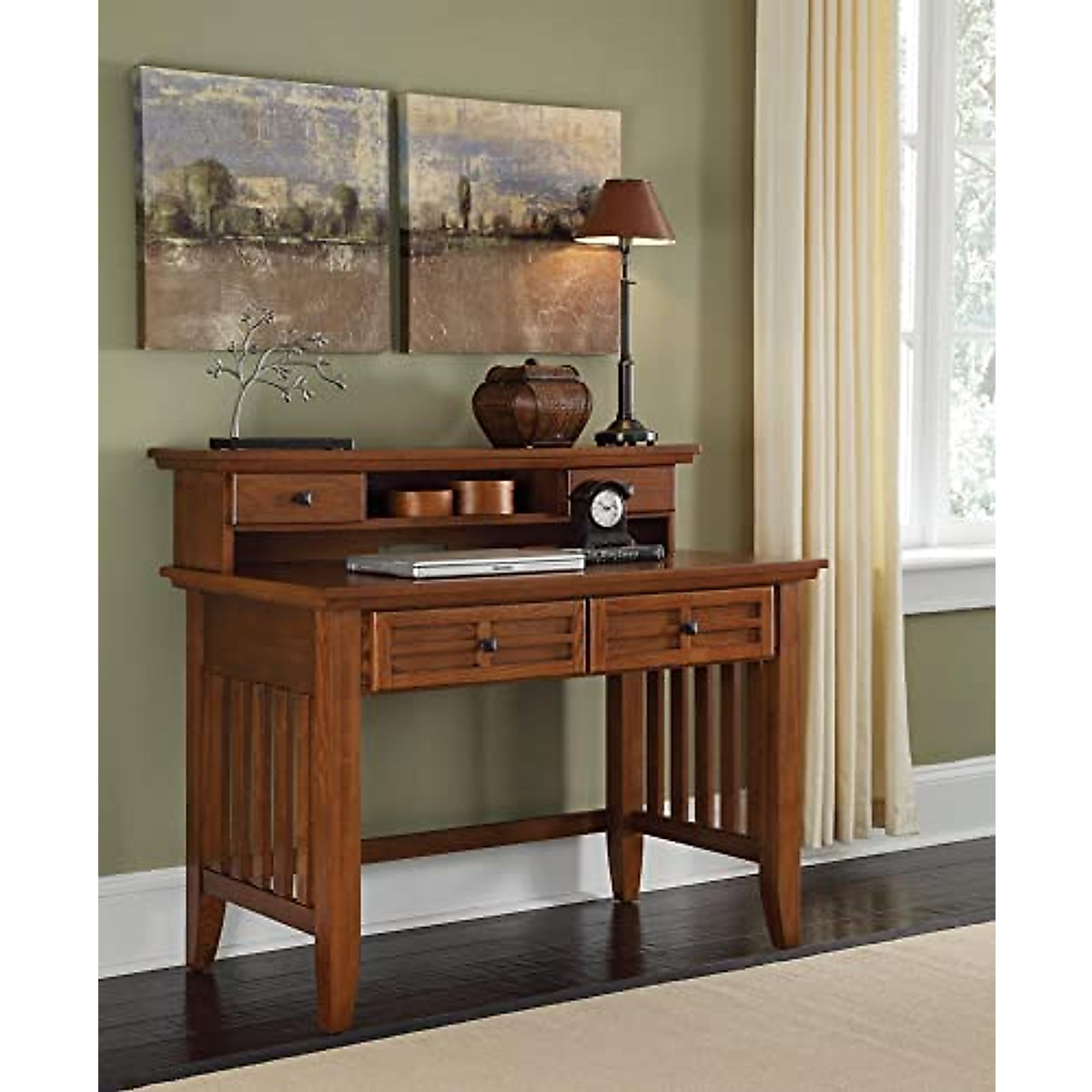 Home Styles Arts and Crafts Cottage Oak Student Desk and Hutch with Cable Access, Two Drawers, and Open Shelf