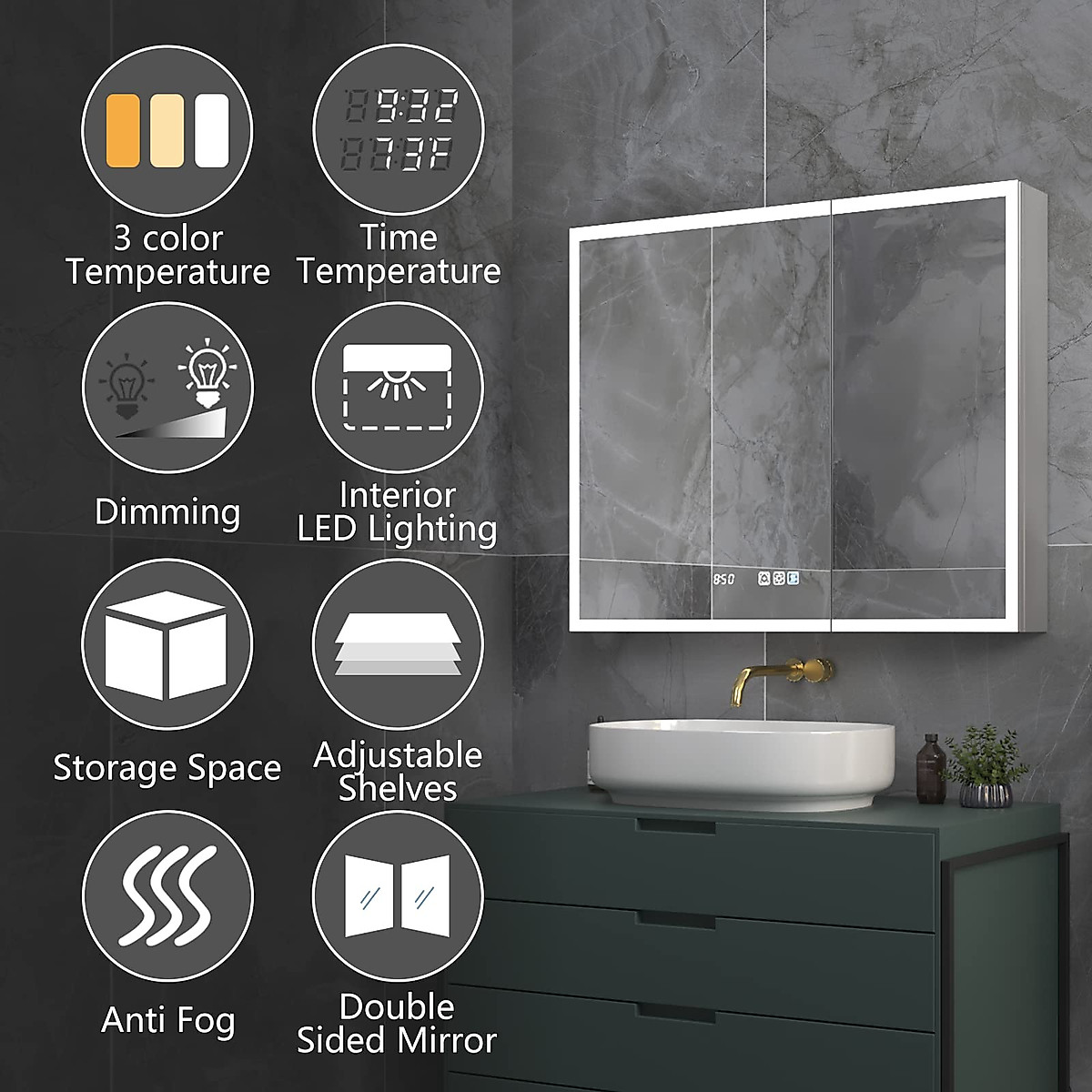 ExBrite Lighted Medicine Cabinet 36x30 Inch,Recessed or Surface led Medicine Cabinet, Clock&Room Temp Display,Defog,Stepless Dimming,Medicine Cabinet with Lights 3-Color Temper Chang, Outlets & USBs