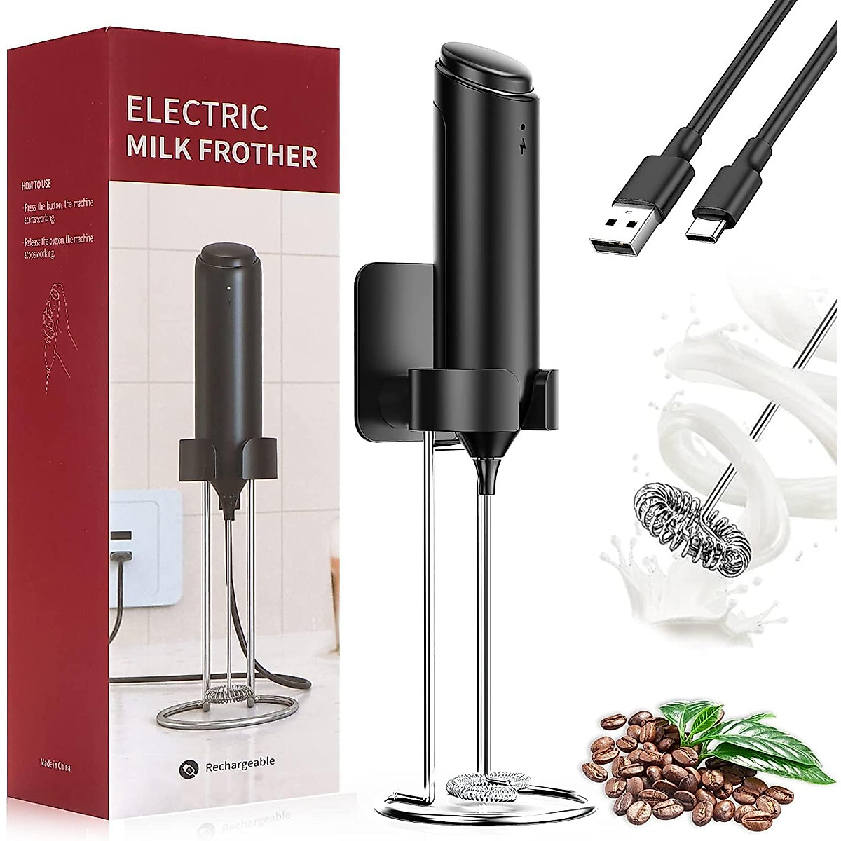 Rechargeable Milk Frother Handheld for Coffee, Electric Stirrer with Wall Mounted Stand, Whisk Drink Mixer Wand, Milk Foamer for Matcha Latte