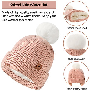 Jastore 3 Pcs Toddler Kids Winter Knitted Beanie Hat Scarf Gloves Set Warm Soft Thick Fleece Lining for Girls(Pink)