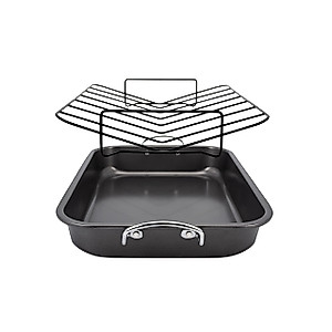 Eternal Living 6 Piece Rectangular Turkey Roaster Pan with Rack Carving Knife Fork Baster and Brush, Roasting Pan 15 Inch Black