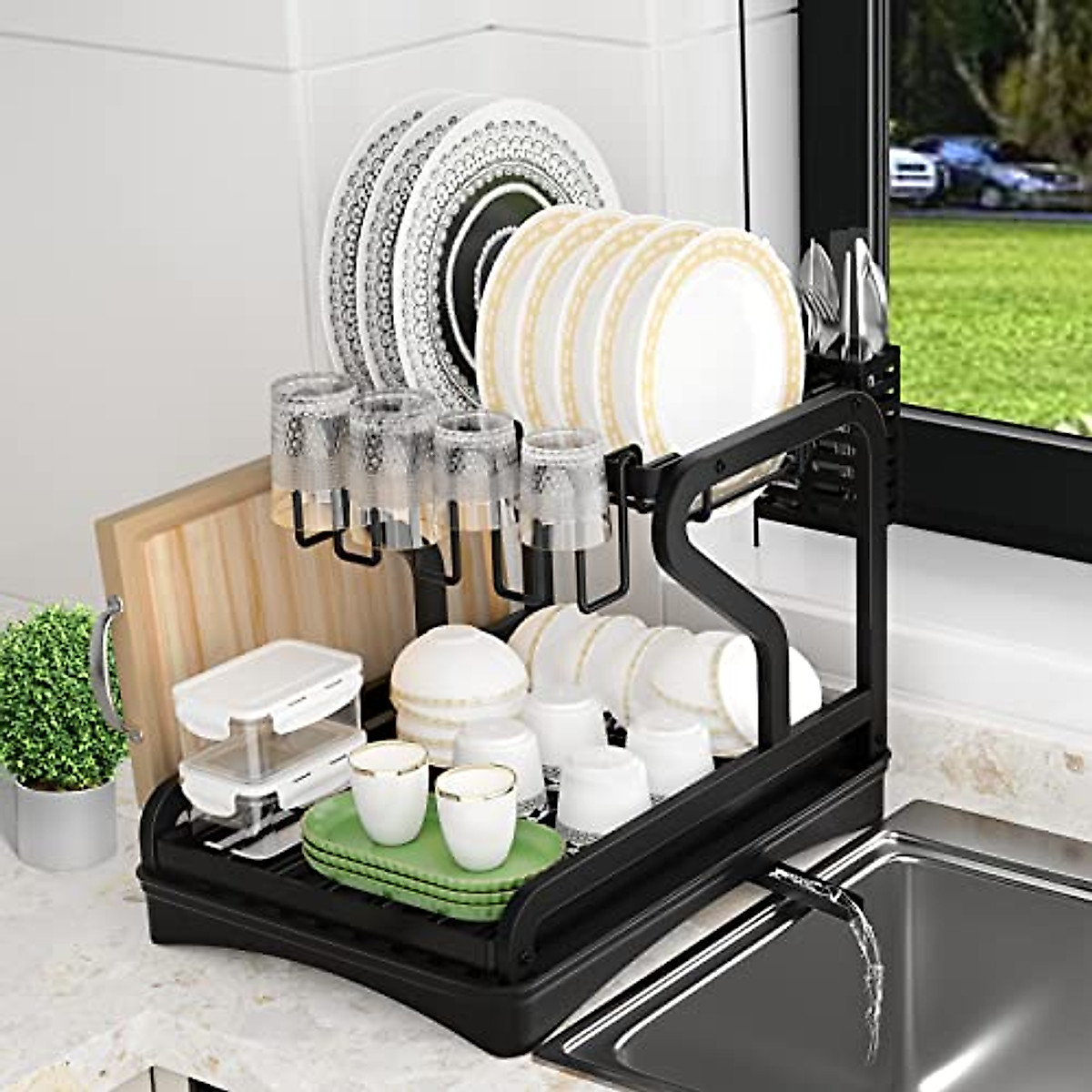 Dish Drying Rack for Kitchen Counter Over The Sink, Larger 2-Tier Dish Drying Rack Drainboard Set with Double-Layer Bowl Rack, Cup Rack, Drain Board, Sticky Board Rack, Cutlery Rack.