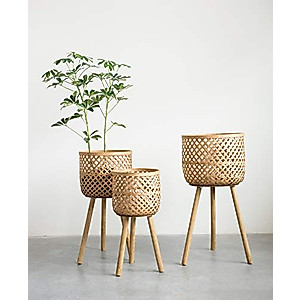 Creative Co-Op Woven Bamboo Floor Baskets with Wood Legs (Set of 3 Sizes)