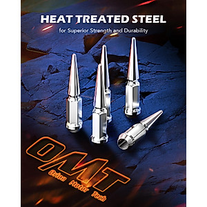 OMT M14x1.5 Spike Lug Nuts, 14mmx1.5 Wheel Lug Nuts Compatible with Chevy Silverado Express, Ram 2500 3500, Ford F250 F350, GMC Sierra Yukon Savana and More, Spike Lug Nut Set, Set of 32, Chrome