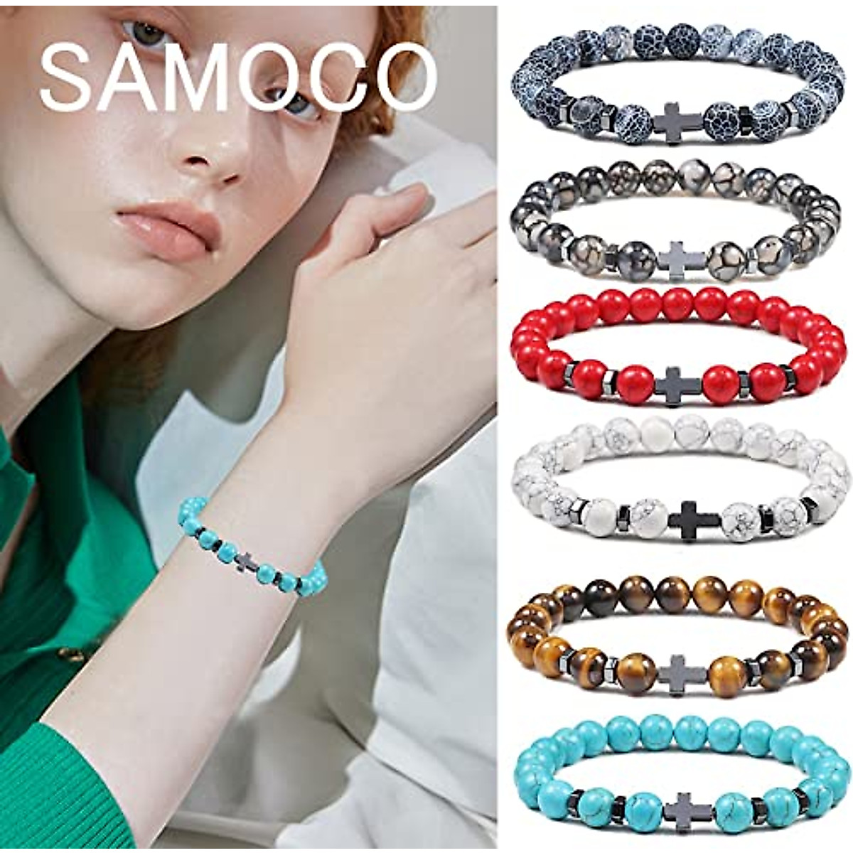 SAMOCO 12Pcs Healing Stone Beaded Bracelets for Women Men Semi-Precious Gemstones Bracelets Crystal Cross Beaded Bracelet Unisex Adjustable Stretch Bracelets 8MM