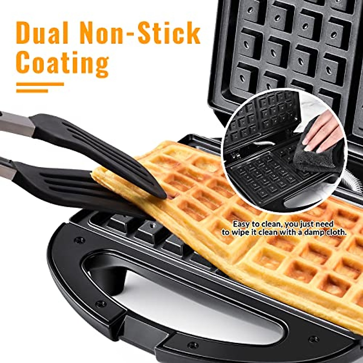 MONXOOK Waffle Maker Belgian, Electric Waffle Maker with Indicator Lights, 2 Slices Square Non-Stick Waffle Irons, Automatic Temperature, Compact Design, Easy to Clean, 750W, Black