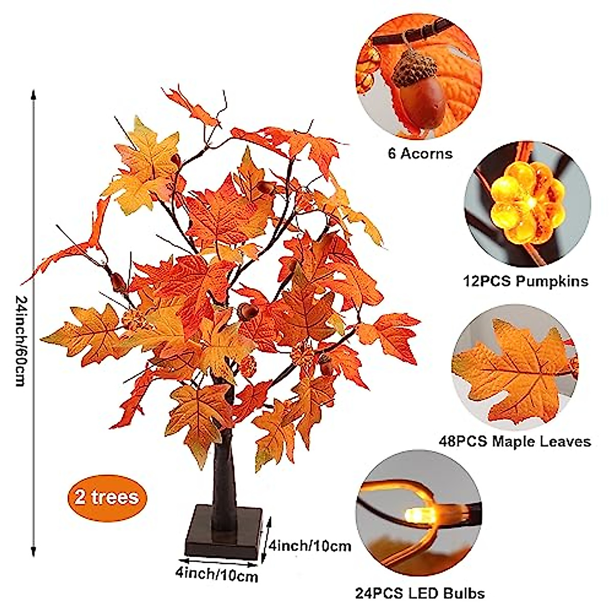 HUAESIN 2 Pack 24'' Prelit Lighted Maple Tree Thanksgiving Decor Fall Tree 48 LEDs Battery Operated Lighted Pumpkins Artificial Autumn Fall Tabletop Tree for Halloween Fall Harvest Home Indoor Decor