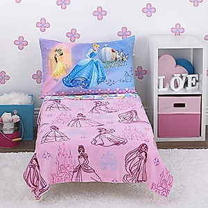 Disney Princess - Friendship is A Journey - 4Piece Toddler Bed Set - Coral Fleece Toddler Blanket, Fitted Bottom Sheet, Flat Top Sheet, Standard Size Pillowcase, Pink, Yellow Gold, ICY Blue, Lavender