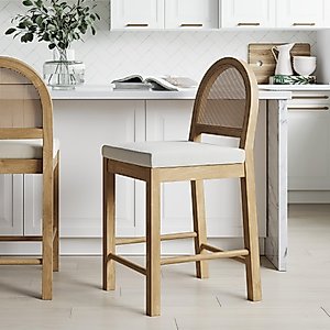 Nathan James Bailey Boucle Upholstered Rattan Bar Stool, Counter Height Stool with Natural Rattan Woven Back For Kitchen Island, Light Brown