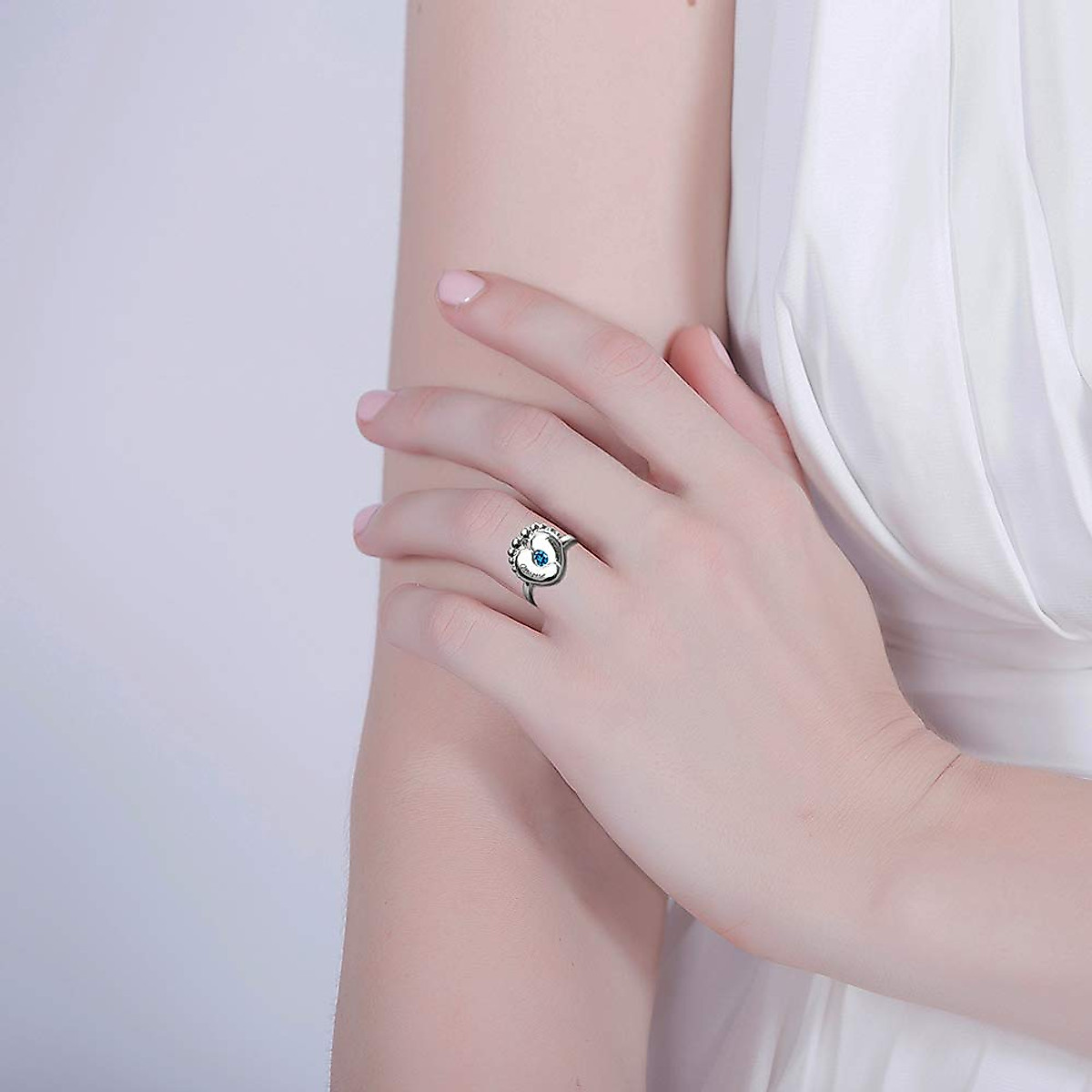 AILIN Personalized Mother Ring 925 Sterling Silver Custom Baby Feet Ring With Birthstone Engraved Name Mom Day Jewelry Birthday Gifts For Women