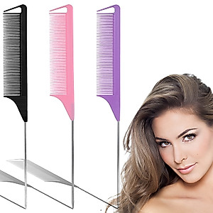 Rat Tail Combs Hair Combs :3Pack Parting Comb,Fine Tooth Comb,Tail Comb,Metal Long Steel Pin Rat Tail Comb,Combs for Women，Professional Hair Salon Quality Styling Combs(Black|Purple|Pink）