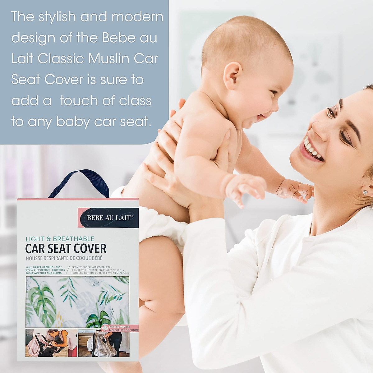 Bebe au Lait Classic Muslin Car Seat Cover -Perfect Baby Car Seat Covers for Babies, Car Seat Canopy, Unisex Baby Car Seat Cover- Easy Snap Straps, Fully Zippered Opening, Breathable- Green