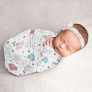 Sweet Jojo Designs Floral Flowers Baby Girl Swaddle Blanket Jersey Stretch Knit for Newborn or Infant Receiving Security - Pink Blue Grey Pop Flower Boho Shabby Chic Modern Watercolor Wildflower Roses