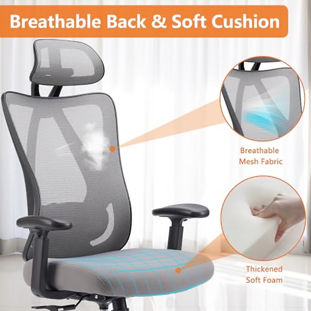 Office Chair, Desk Chair Computer Chair Ergonomic Office Chair with 2D Armrest Adjustable Lumbar Support & Headrest, High Back Home Office Desk Chair 135°Tilt Function Big and Tall Office Chair