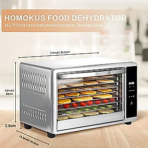 HOMOKUS Food Dehydrator 9 Stainless Steel Trays, Large Food Dehydrator Machine Usable Area up to 13.4ft², 650W Digital Touch Control Food Dryer Dehydrator with 24hrs Timer & up to 176℉ Temperature, Fruit Dehydrators for Food and Jerky, Dog Treats, Meat, V