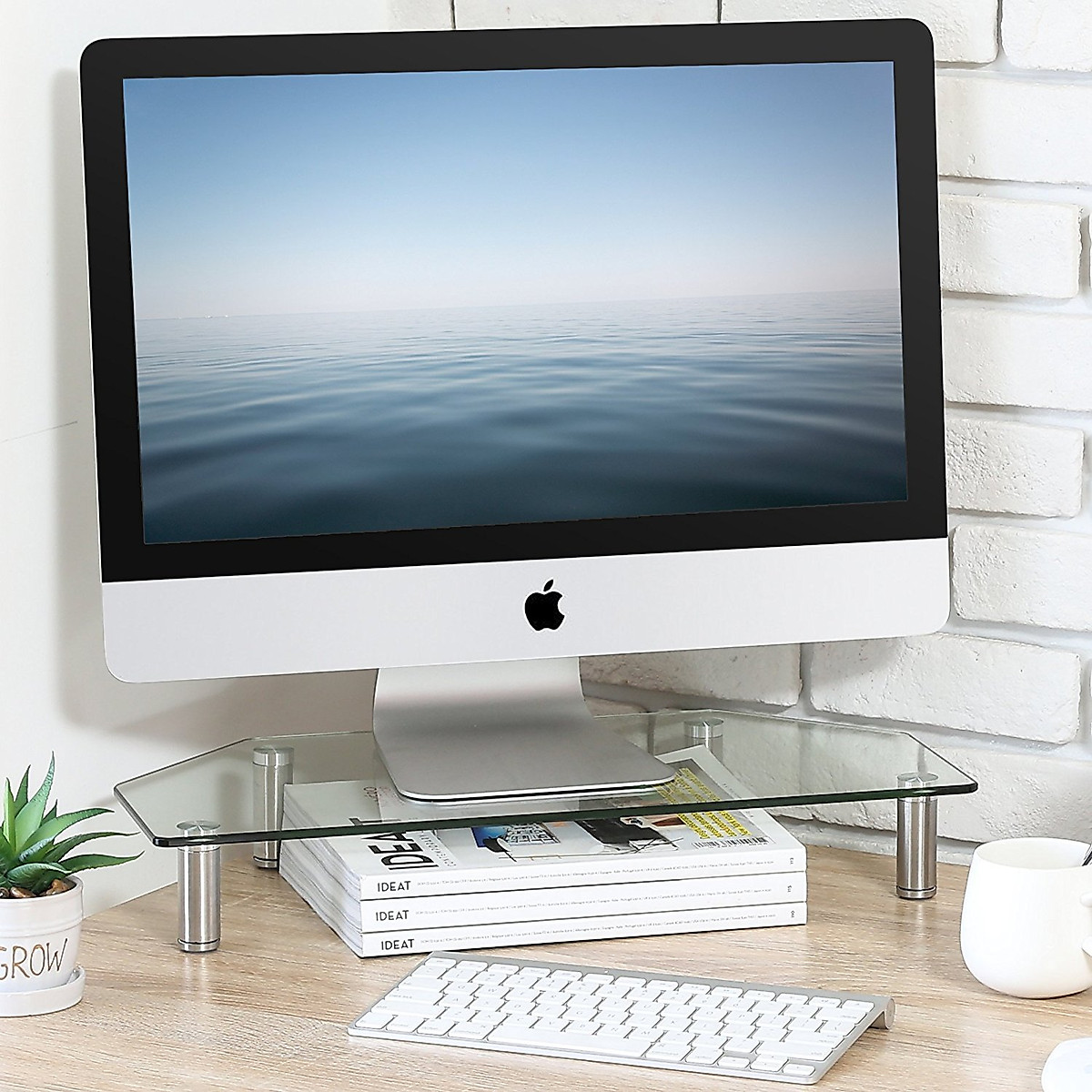 FITUEYES Monitor Stands Curved Glass Computer Risers with Height Adjustable for PC Monitors, Laptops, Computers & TVs，DT105002GC