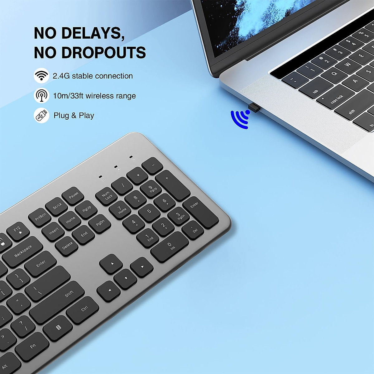 Wireless Keyboard, 2.4G Ergonomic Wireless Computer Keyboard,Enlarged Indicator,Metal-texture Panel,104 Keys Full Size PC Keyboard with Numeric Keypad for Laptop,Desktop,Surface,Chromebook,Notebook