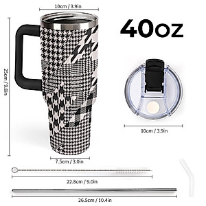 Niapessel Leak Proof Tumbler, Insulated Water Bottles with Straw, Houndstooth Black White Insulated Cup with Handle 40 Oz Stainless Steel Flask for School, Travel, Car, Sports, Work
