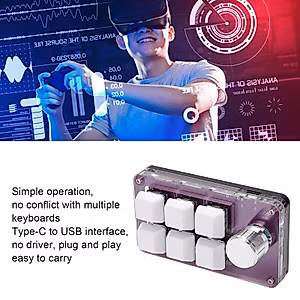 Oreilet One Handed Mechanical Gaming Keyboard, Multifunctional Shortcut Programmable Gaming Keypad with 6 Keys & Knob, USB Custimize DIY Keypad for Game Media Player