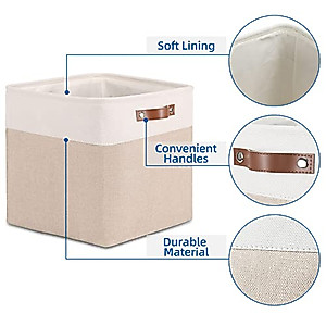 Temary Cube Storage Bins Storage Basket for Shelves Fabric Storage Cubes Closet Baskets for Cube Storage with Leather Handles, Cloth Bins for Home and Office (White & Khaki, 13x13x13 Inch)