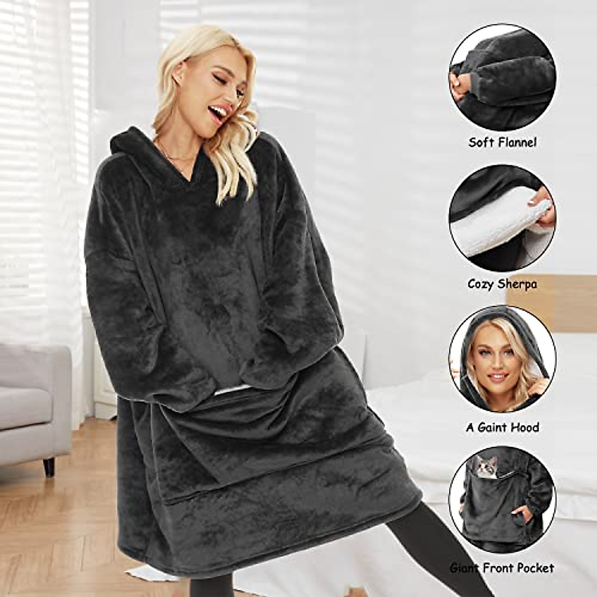 Wearable Blanket Hoodie,Oversized Soft Sherpa Fleece Hoodie with Warm Giant Front Pocket for Adult Women Men