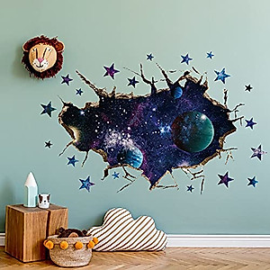 ASMPIO 3D Space Galaxy Wall Decor Stickers, Removable Broken Outer Space Planet Waterproof Vinyl Floor Decals, 3D Art Magic Wall Mural Decals for Kids Bedroom Living Room Nursery Home Wall Decor