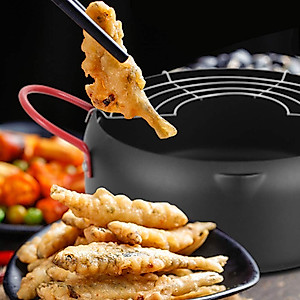 Deep Fryer,22cm Tempura Deep Fryer,Non Stick Japanese Style Deep Frying Iron Pot,with Oil Drip Drainer Rack & Clip,for Fried Chicken Legs,Tempura,French Fries,Chicken Chops(Black)