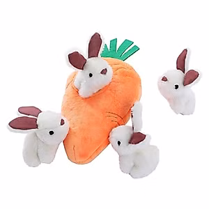 Amazon Basics Hide and Seek Squeaky Dog Plush Toy, Rabbit and Carrot, Orange and white, 5 Pack