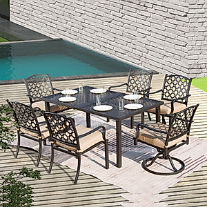 Domi Outdoor 7 pcs Patio Dining Set, Metal Dining Table, Swivel and Dining Chairs Conversation Set with Removable Beige Cushions for Garden Lawn Yard
